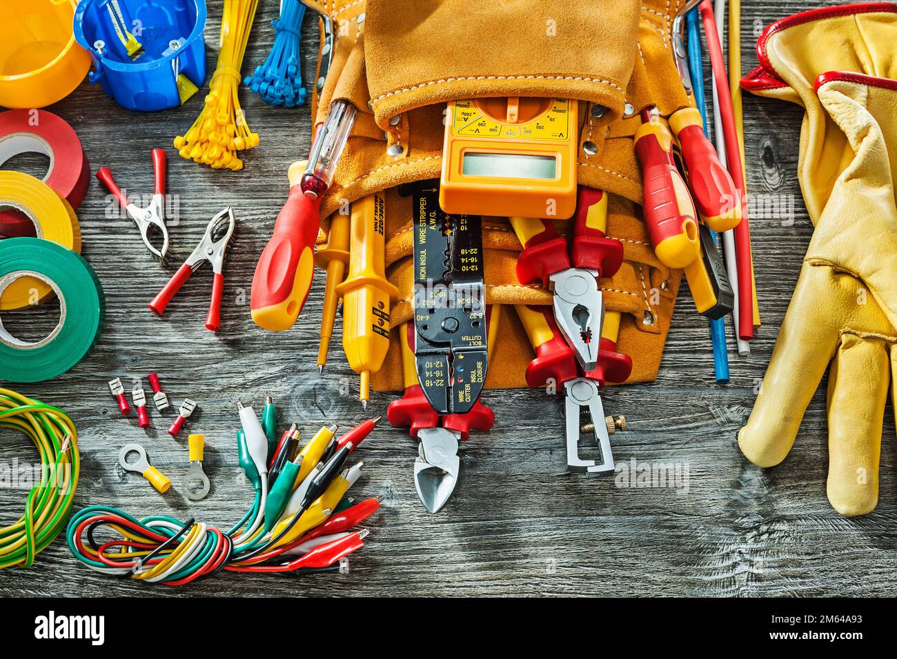 very big set tools of electrical tools on vintage wooden background ...