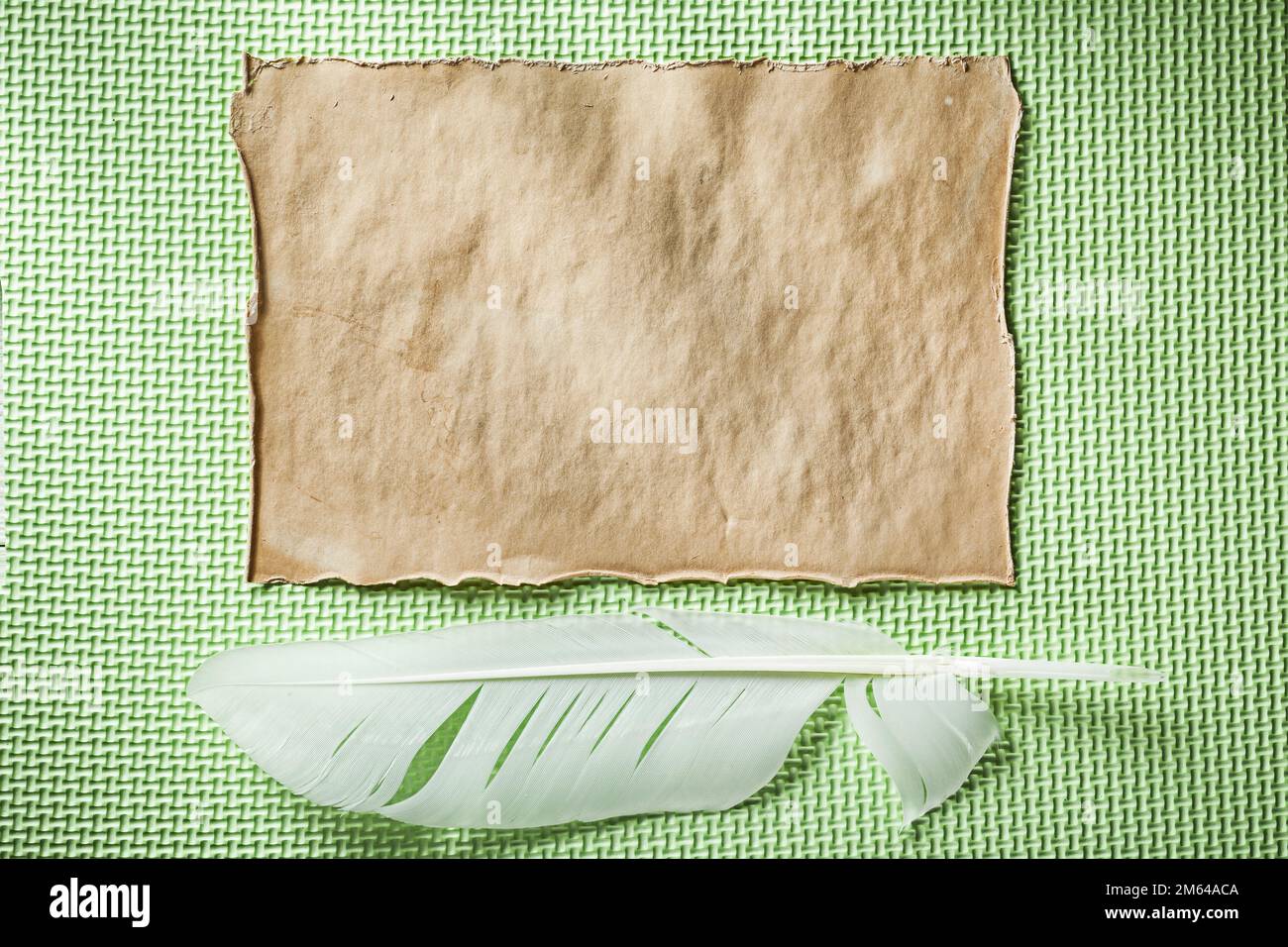 Vintage paper plume on green surface horizontal image Stock Photo - Alamy