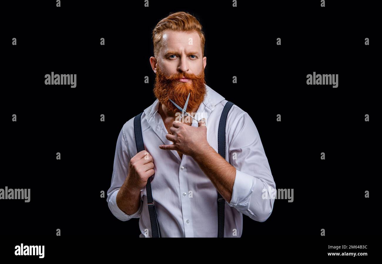 bearded barbershop man in studio. barbershop man with scissors. photo ...