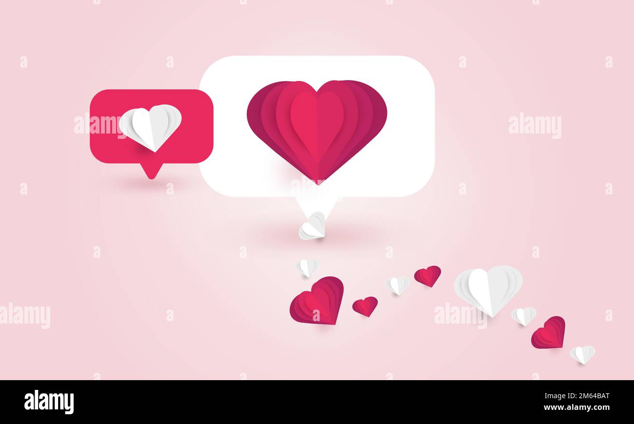 Pink background with message icon with paper hearts. Paper art Vector ...