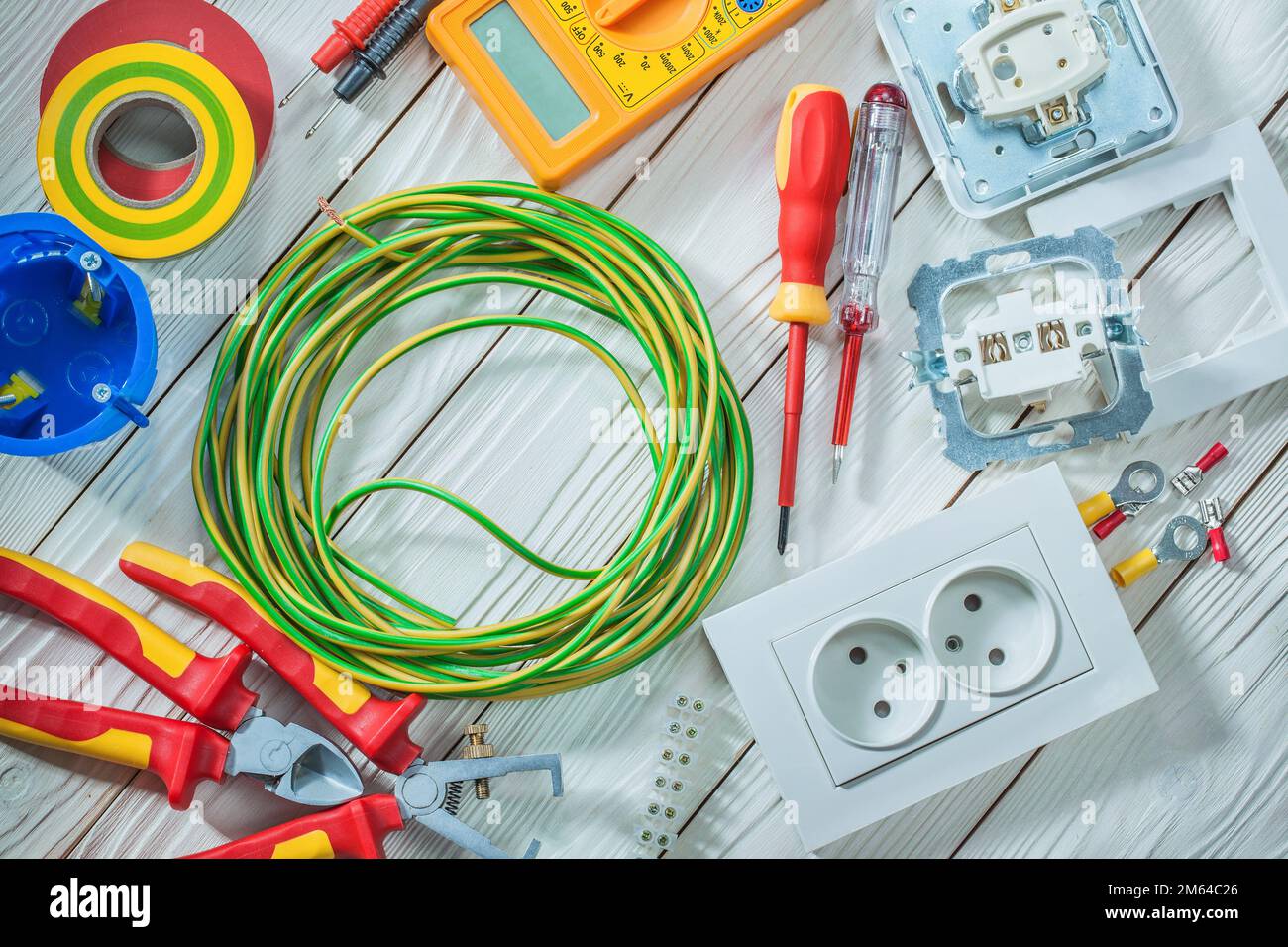 electrical tools set on vintage white painted bopards Stock Photo - Alamy