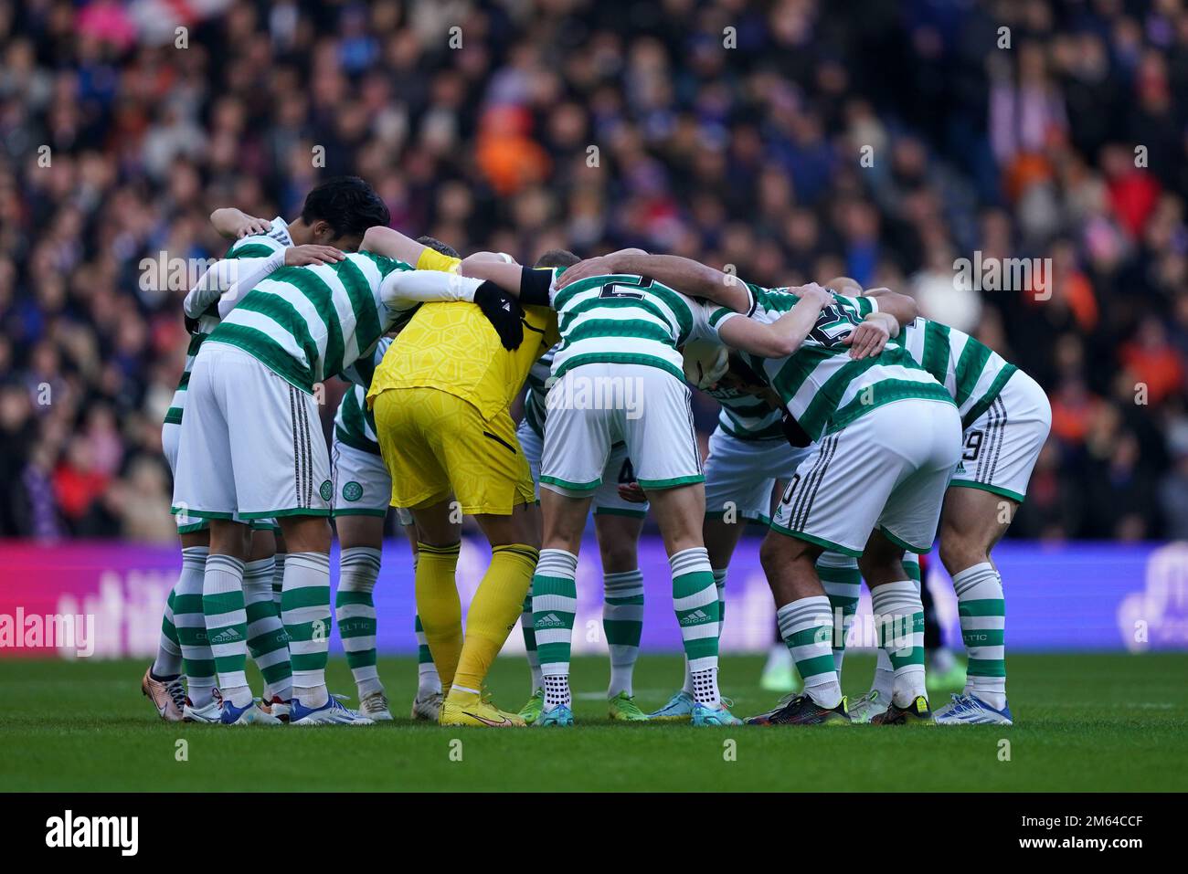 Celtic players in the group huddle before the cinch Premiership match ...