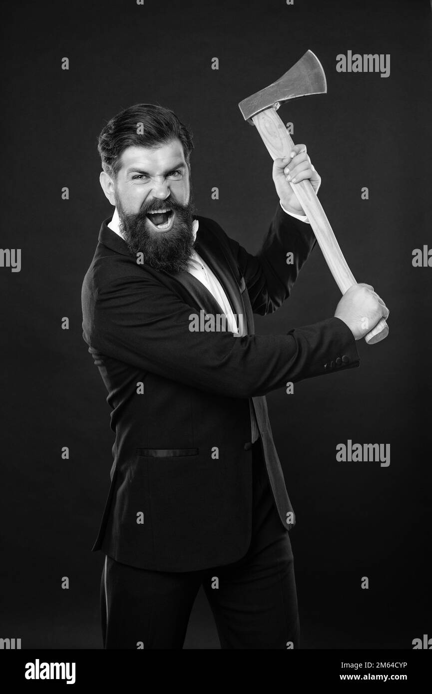 Threaten To Cut Angry Man Threaten With Axe Screaming With Furious Anger Aggression