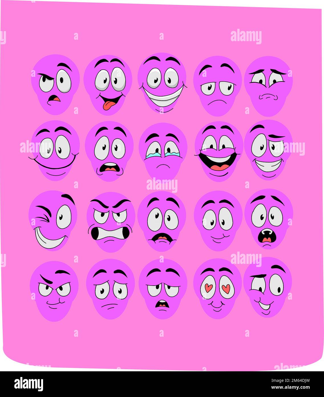 An icon pack of purple faces expressing different emotions on pink ...
