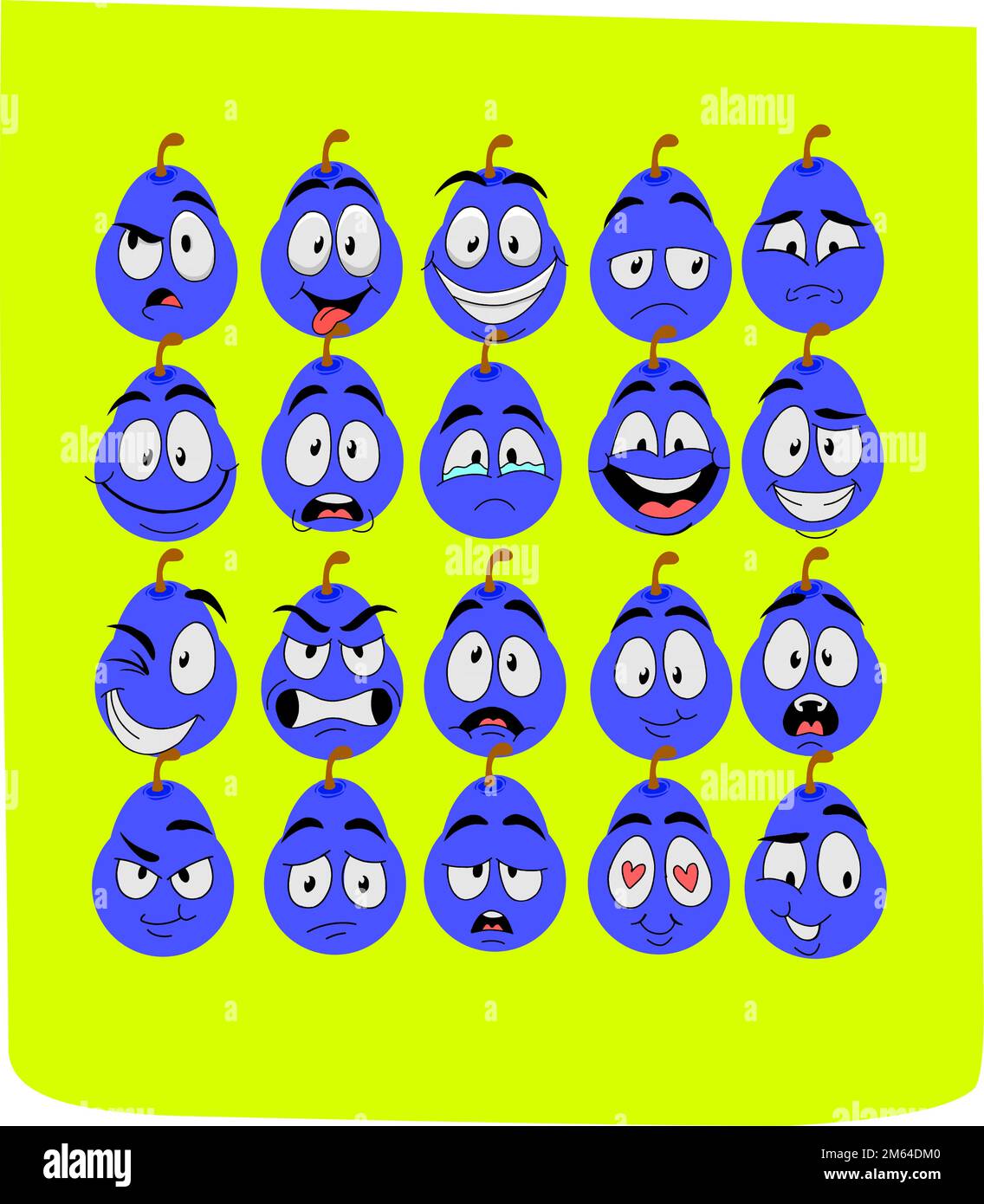 An icon pack of blue faces expressing different emotions on yellow ...