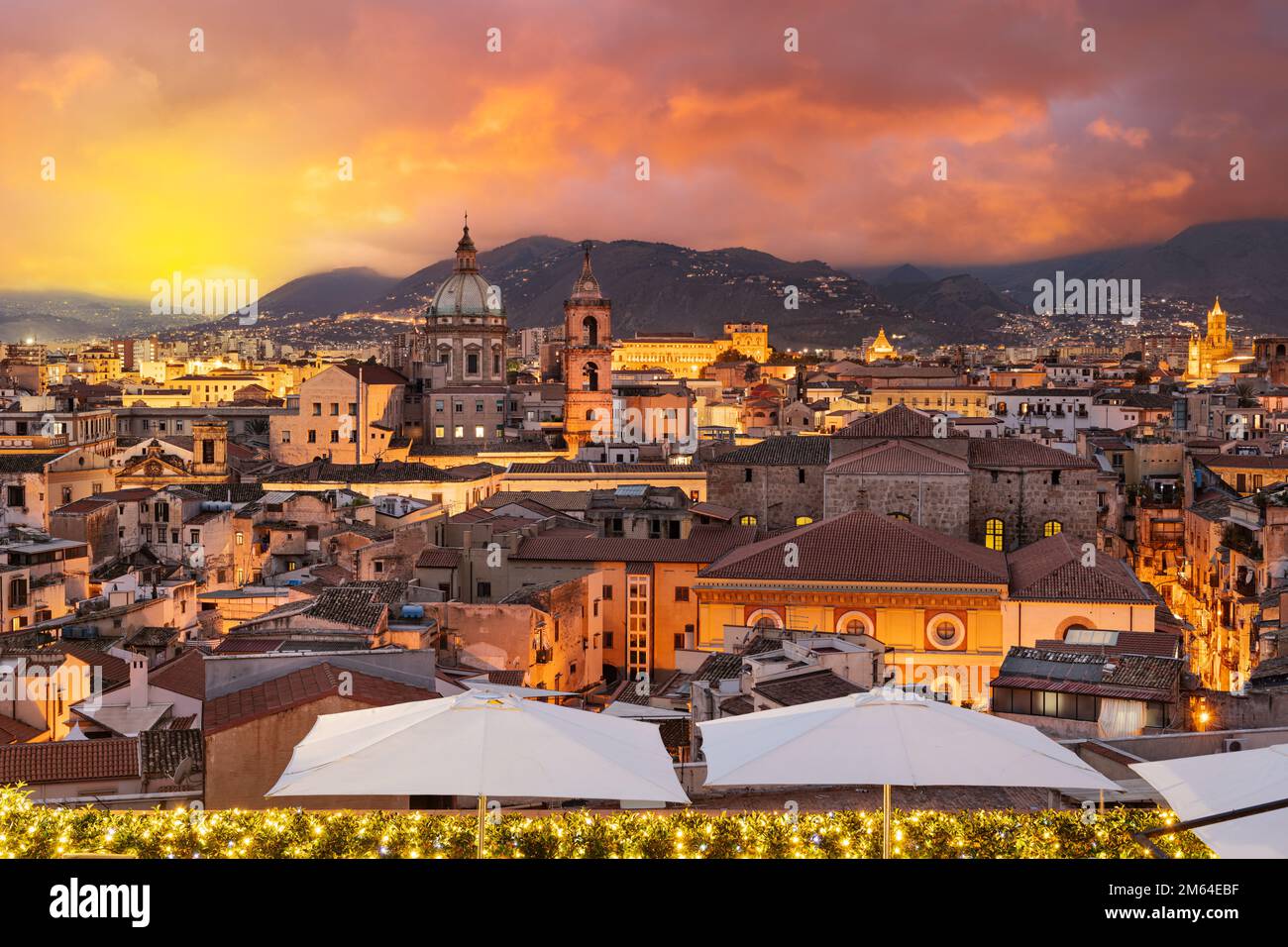 Palermo, Sicily town skyline with landmark towers at dusk Stock Photo ...