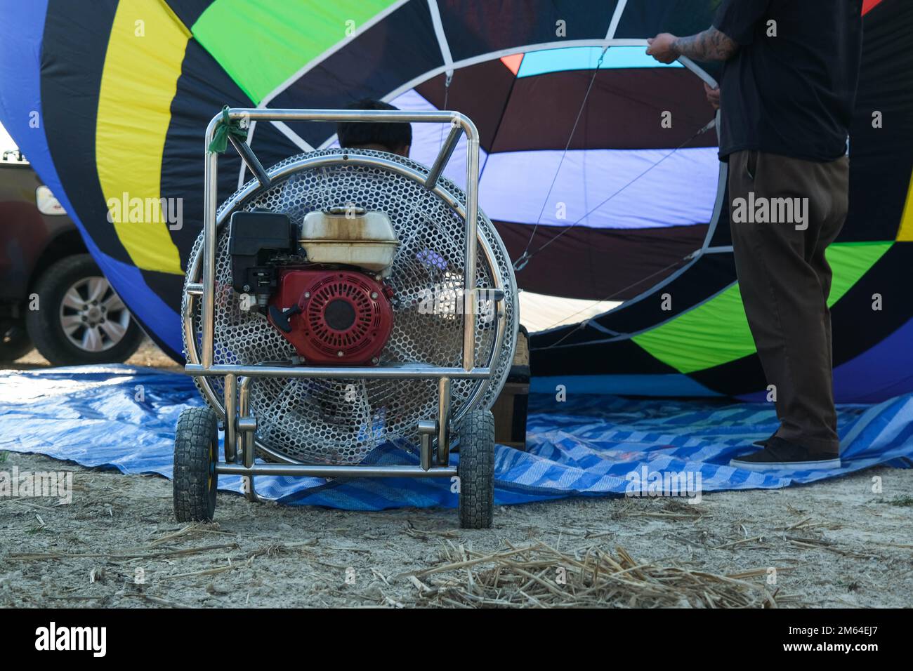 Looking Inside hot air balloon while on the ground and preparing for a ...