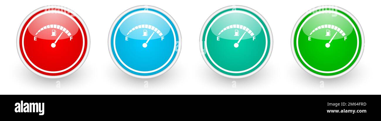 Fuel gauge, car petrol dashboard vector icons, colorful glossy buttons ...