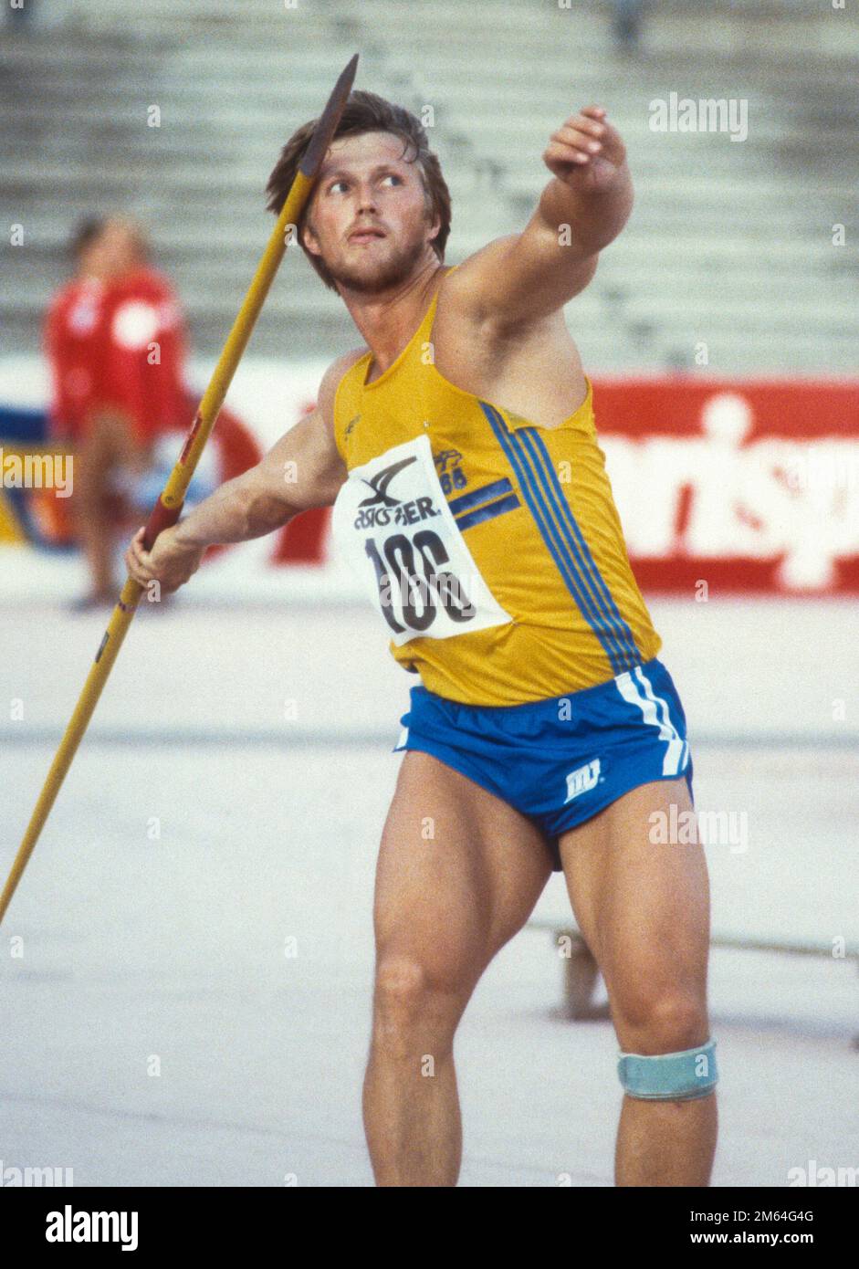KENTH ELDEBRINK Swedish javelin thrower in National fight against Finland in Helsinki 1984 Stock ...