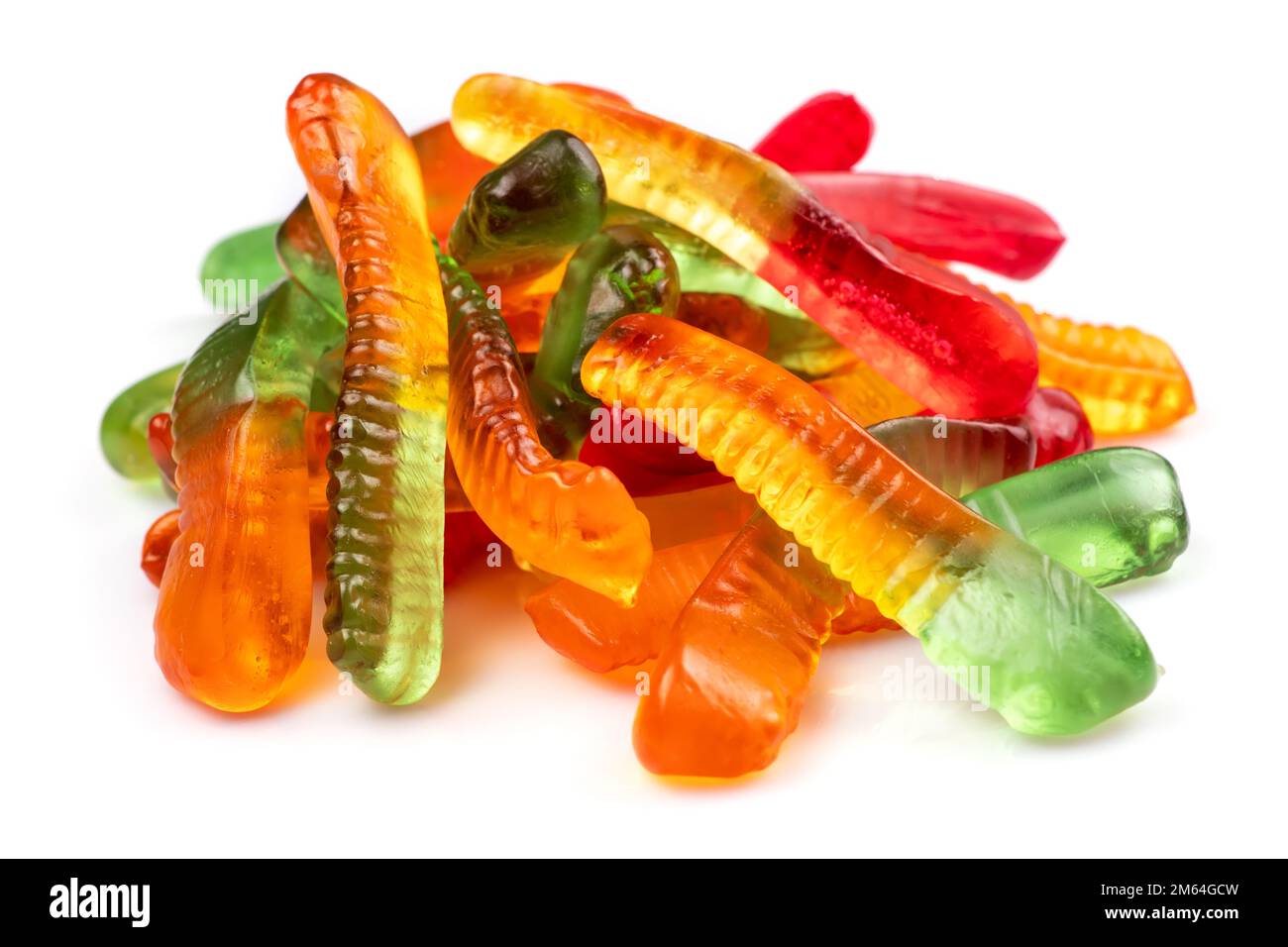 Heap juicy colorful jelly worms sweets. Gummy candies. Snakes. On white ...