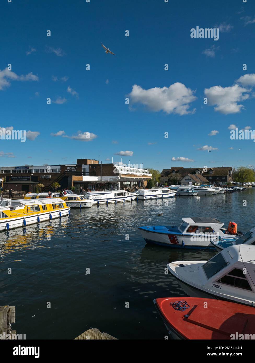 The Norfolk Broads on The River Bure at popular Wroxham busy with many ...