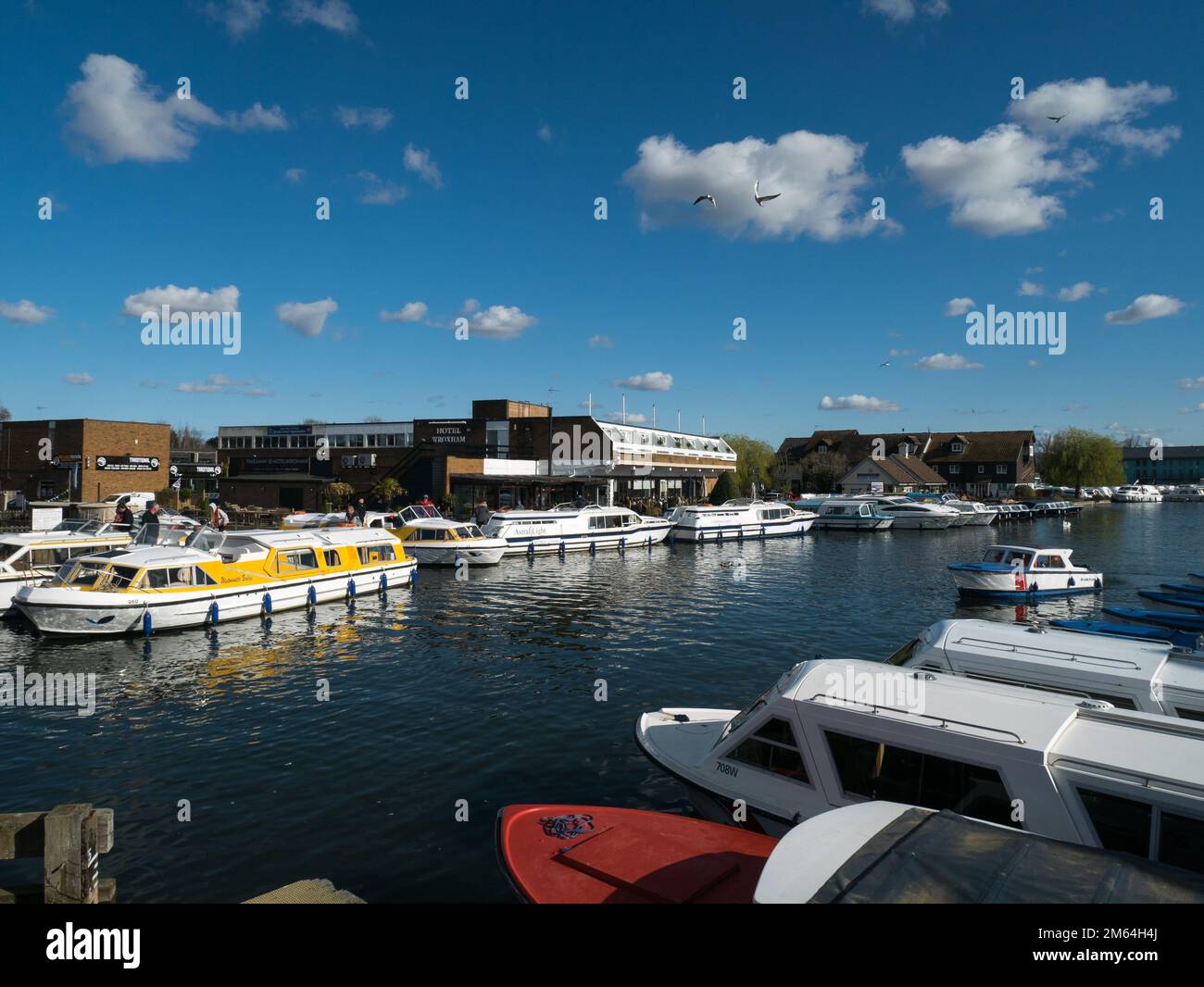 The Norfolk Broads on The River Bure at popular Wroxham busy with many ...