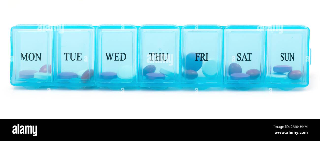 Pill organizer with variety of pills and supplement. a plastic weekly ...