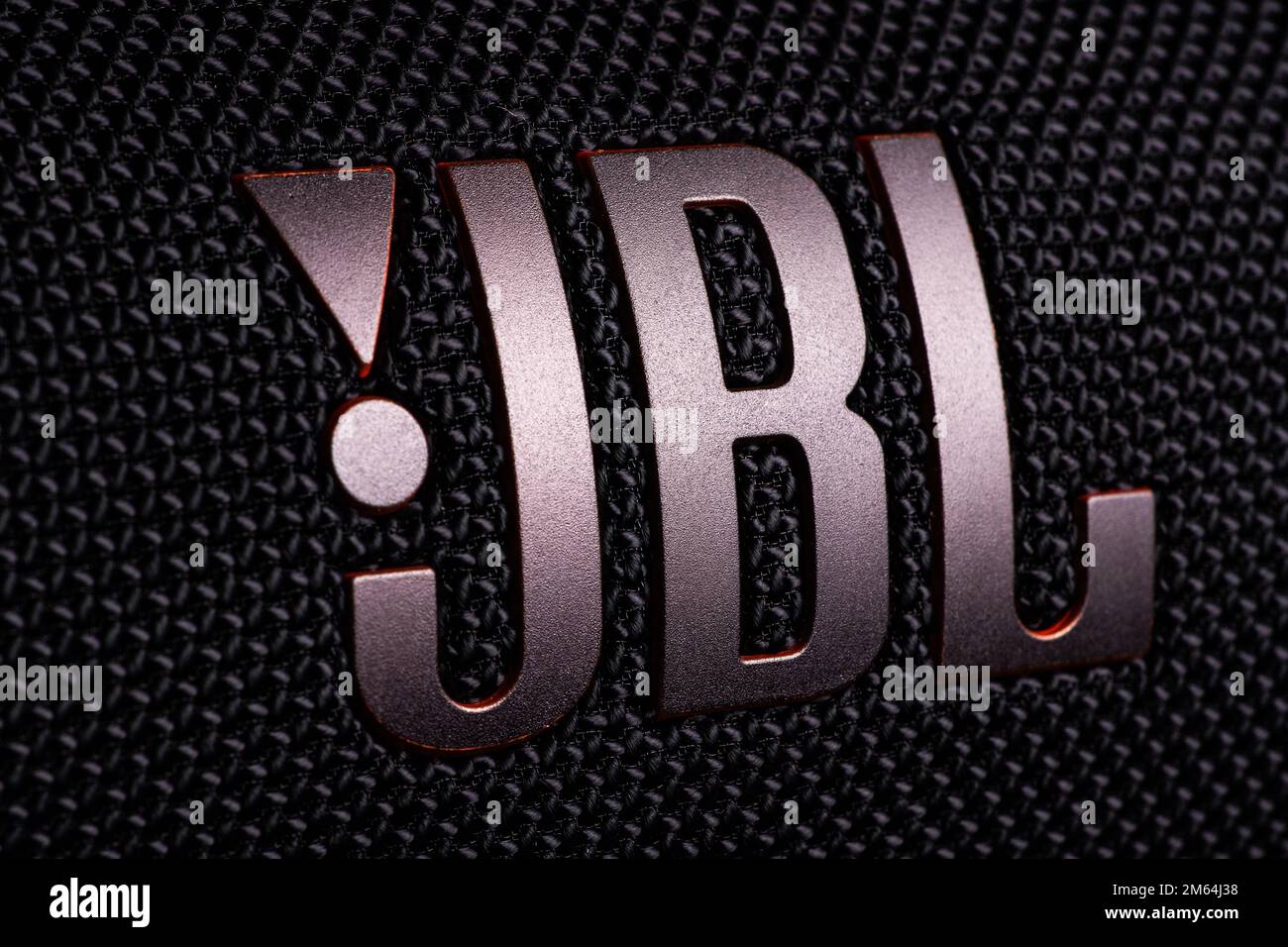 Dnipro, Ukraine - 15 january, 2022: JBL logo. Black bluetooth column ...