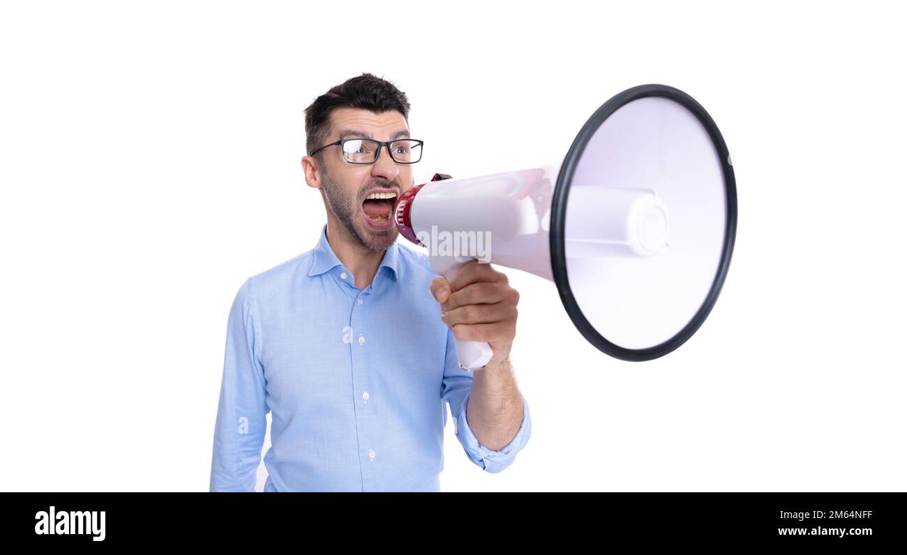 shouting man announcing with megaphone, selective focus. photo of man ...