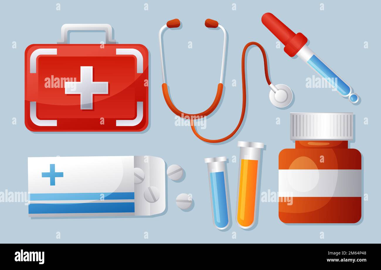 Set of medical and scientific equipments . Medicine bag . Stethoscope ...