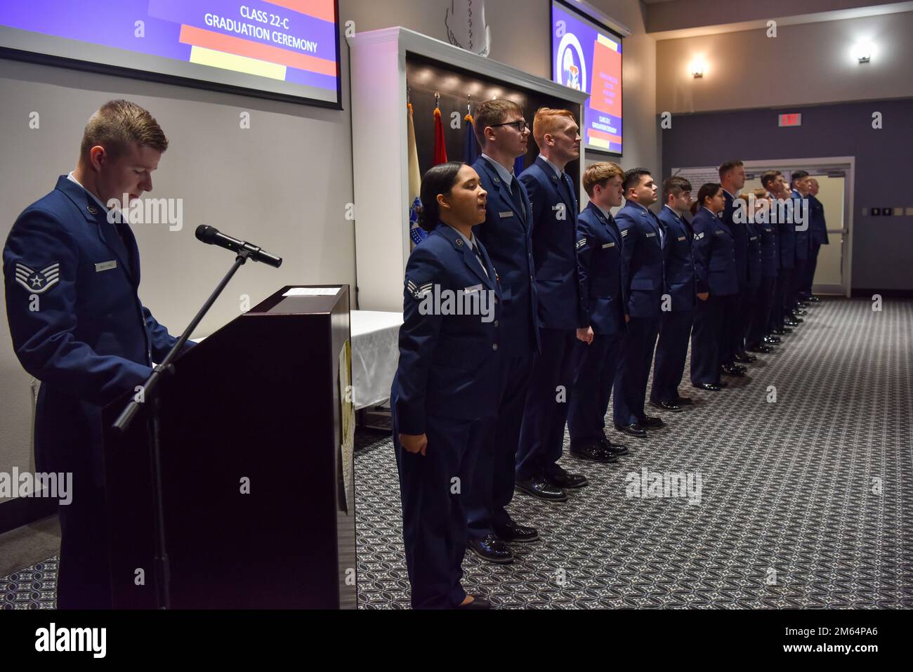 U.S. Air Force Airman Leadership School graduates recite the Airman’s ...