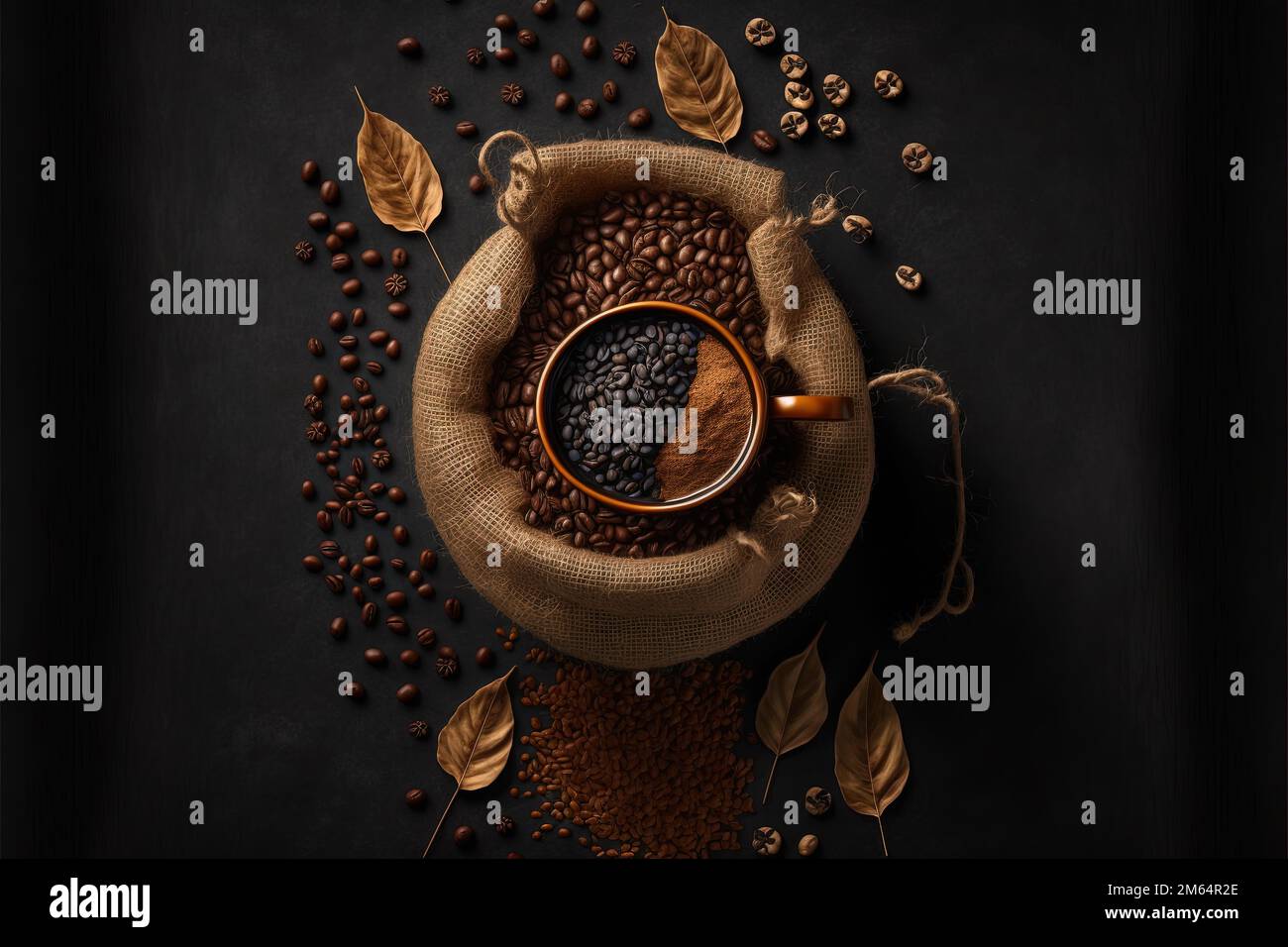 Fresh old sack of coffee grains spilled out of a bag on a dark ...