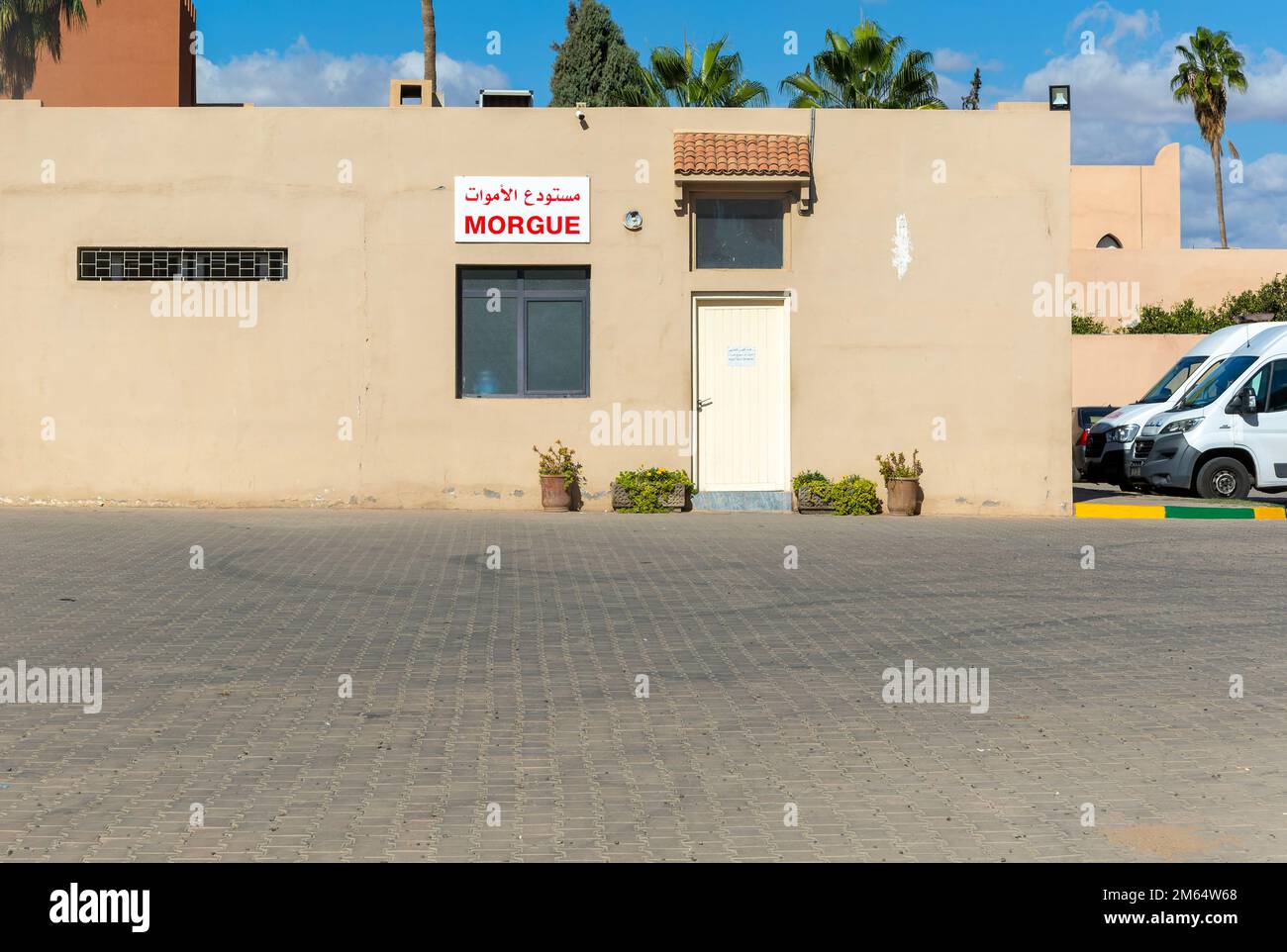 Sign for morgue on hospital building, Taroudant, Sous Valley, Morocco ...