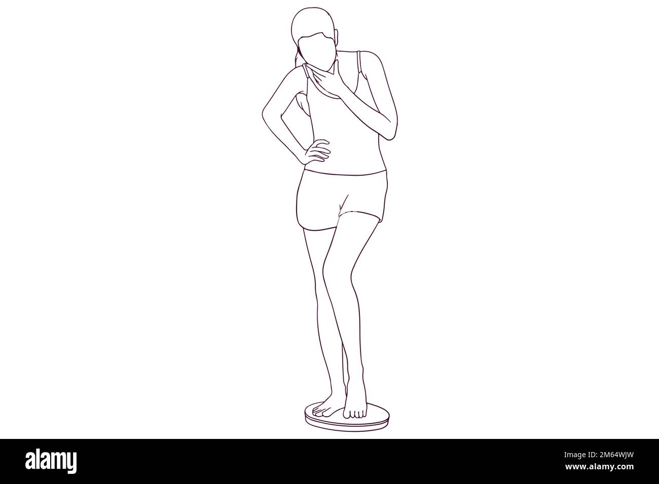 young girl measuring her body weight on a scale hand drawn style vector ...