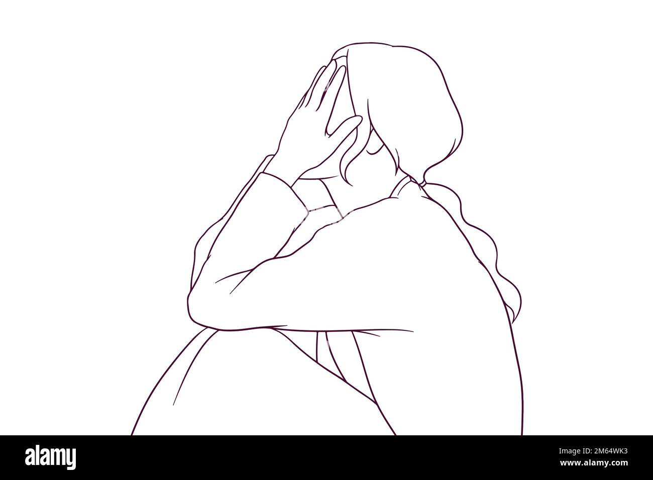 young sad woman covered her face hand drawn style vector illustration ...