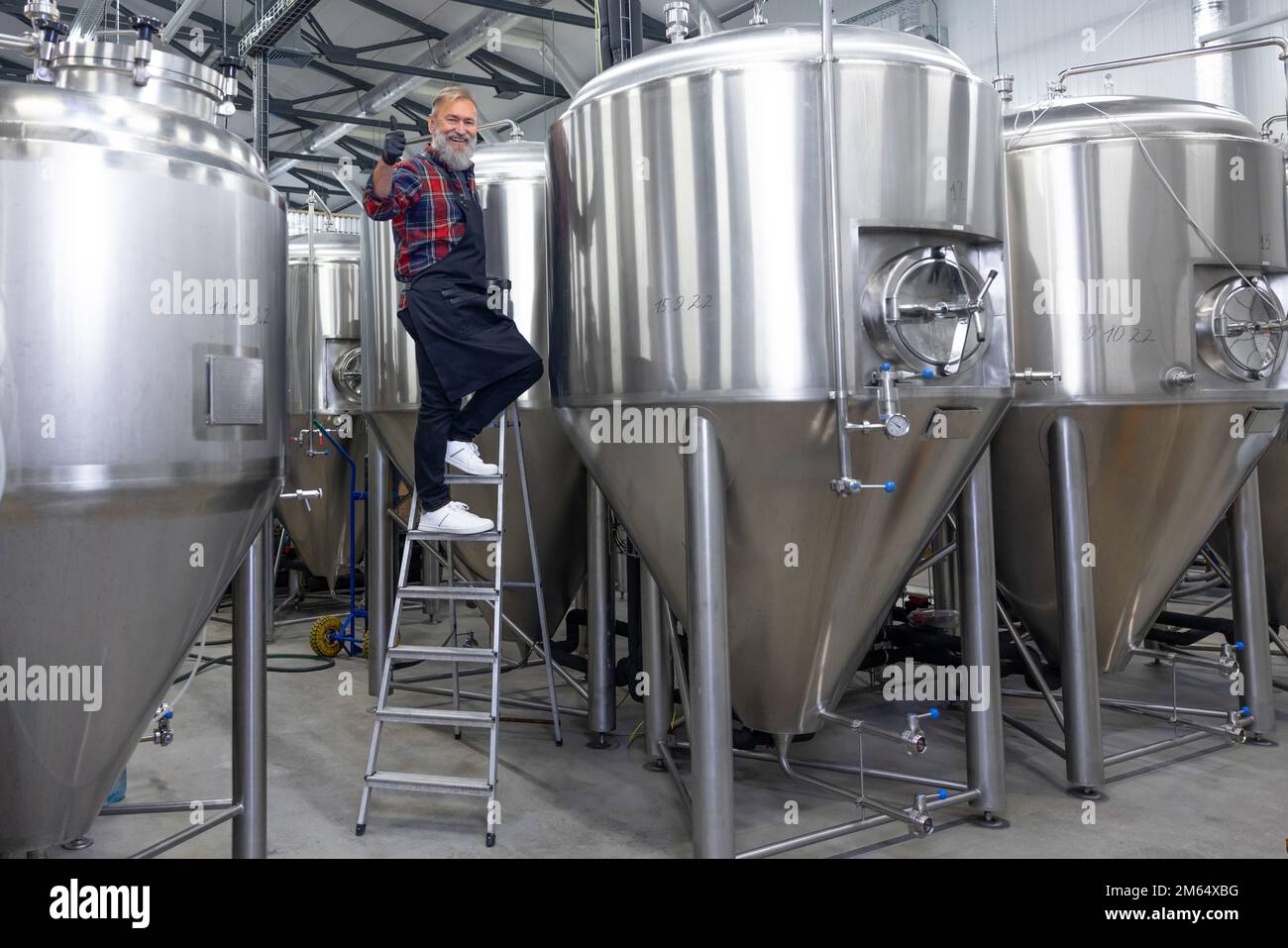 Factory worker checking the tanks with beer and looking satisfied with ...