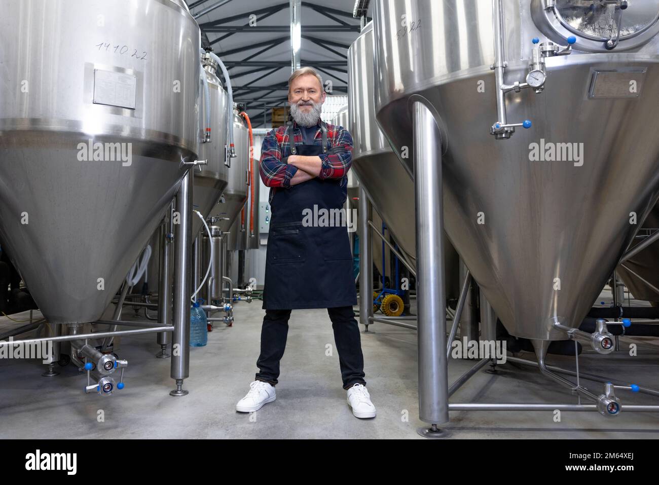Brewery worker standing near the metal tanks and looking determined ...