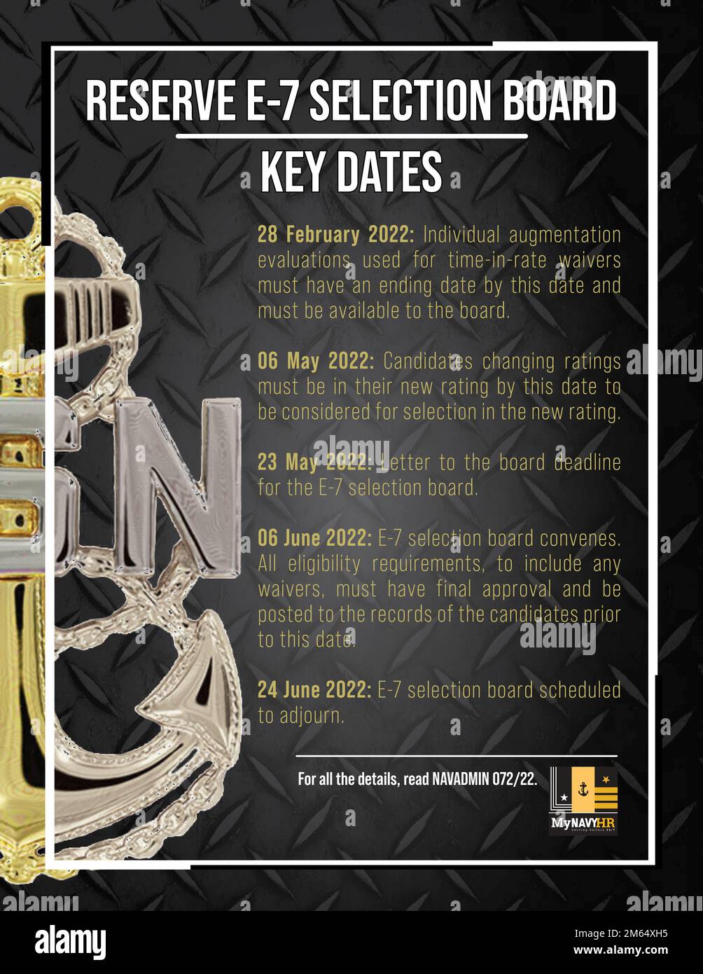 A Navy E-7 reserve selection board key dates graphic. (U.S. Navy ...