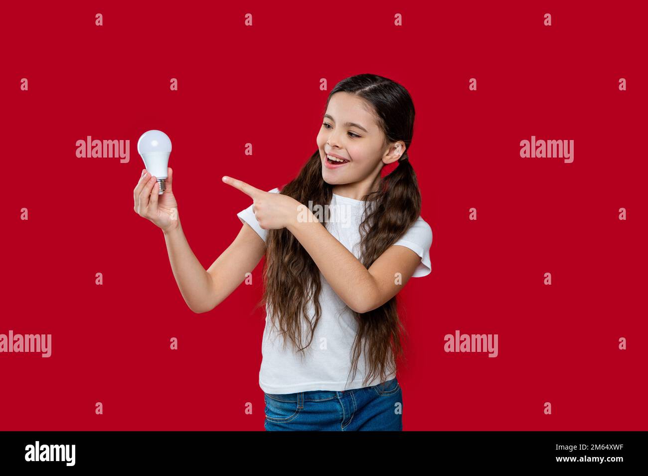 teen innovation girl isolated on red, pointing. teen innovation girl in ...