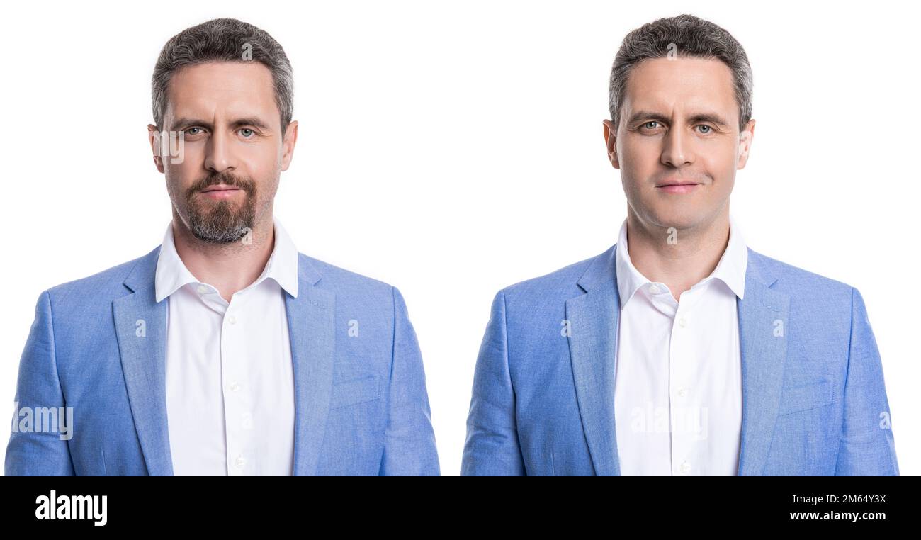 two man face shaven comparison before and after in studio. man face ...