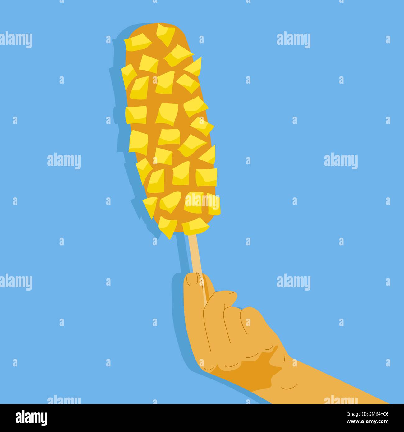 Human hand hold gamja hotdog on stick blue background. Korean street ...