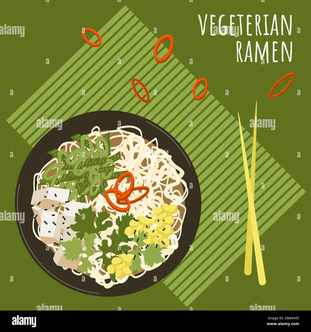 Vegeterian ramen soup with chopsticks on bamboo placemat poster. Asian ...