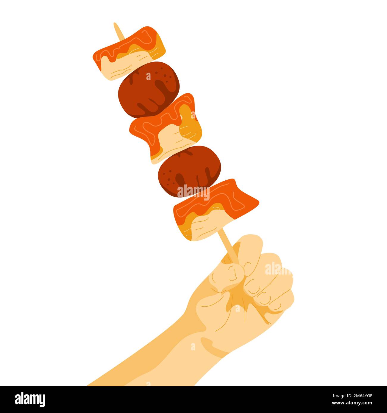 Human hand with chicken skewers on stick. Korean street food ddakkochi ...