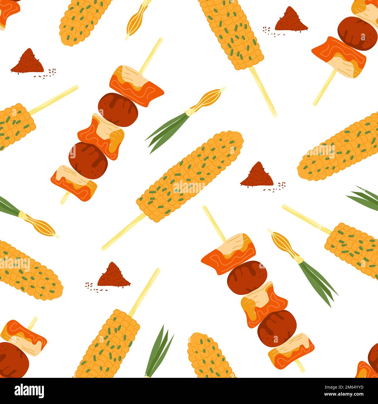 Korean street food seamless pattern. Chicken skewers ddakkochi and ...
