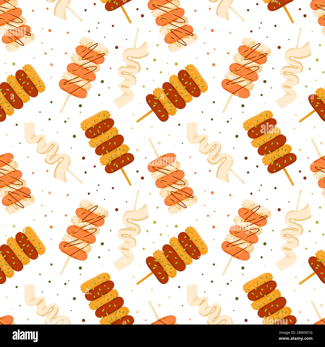 Korean street food seamless pattern. Rice cake skewers sotteok sotteok ...