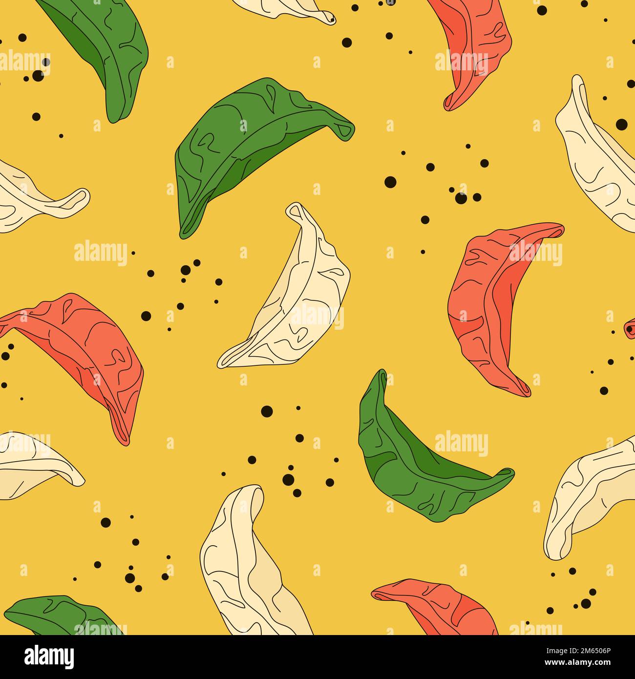 Colorful gyoza with soy sauce splashes seamless pattern. Fried asian ...