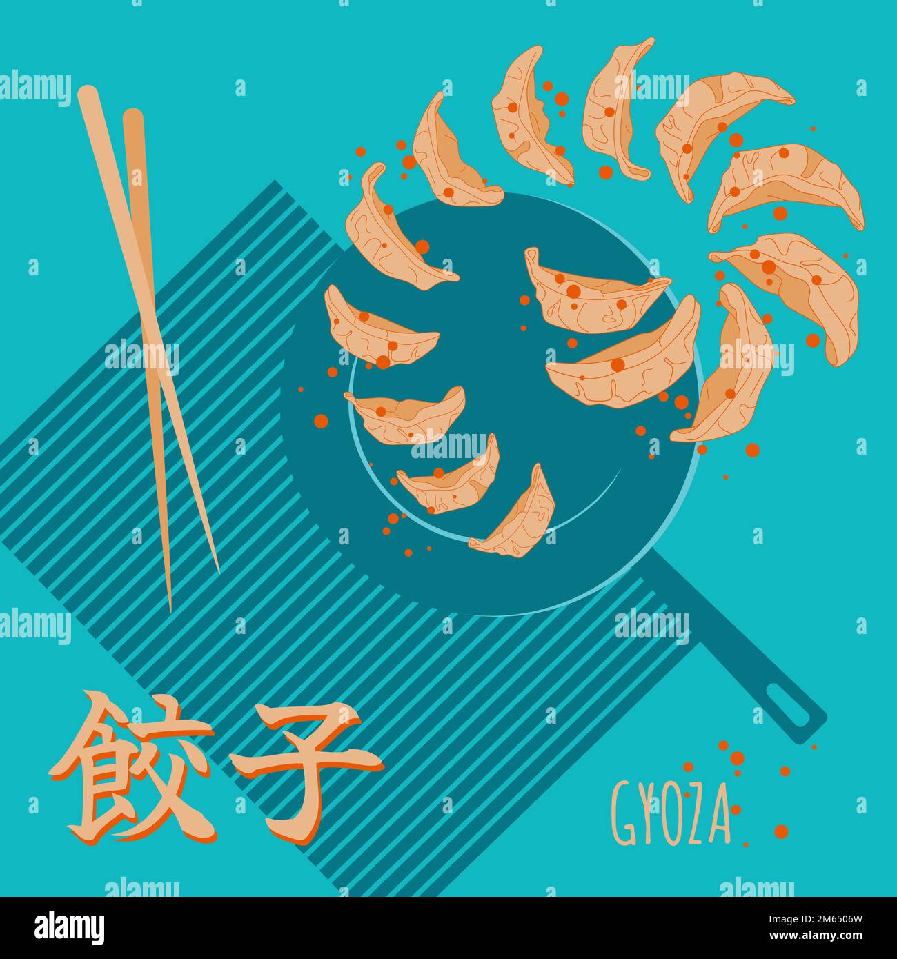 Traditional Japanese gyoza dumplings poster. Frying pan with dumplings ...