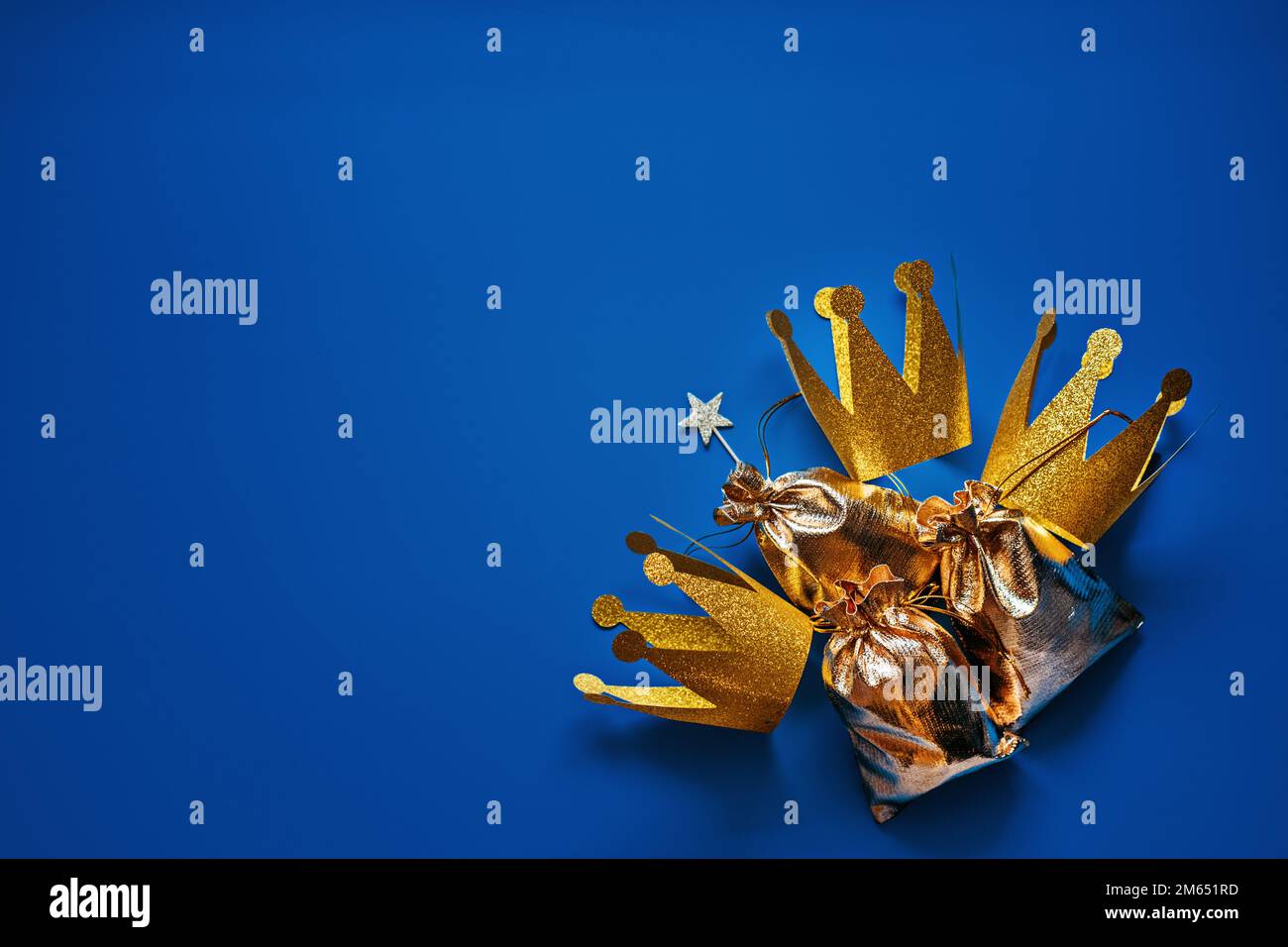 Happy Epiphany Day, Three Kings Day greeting card with three gold ...