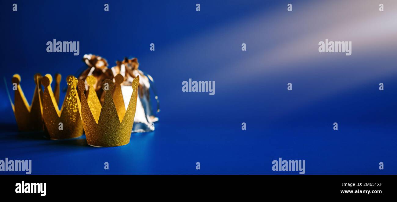 Happy Epiphany Day, Three Kings Day greeting card with three gold ...