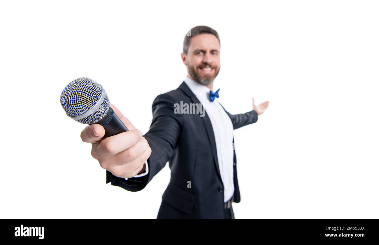 selective focus of man presenter isolated on white background ...