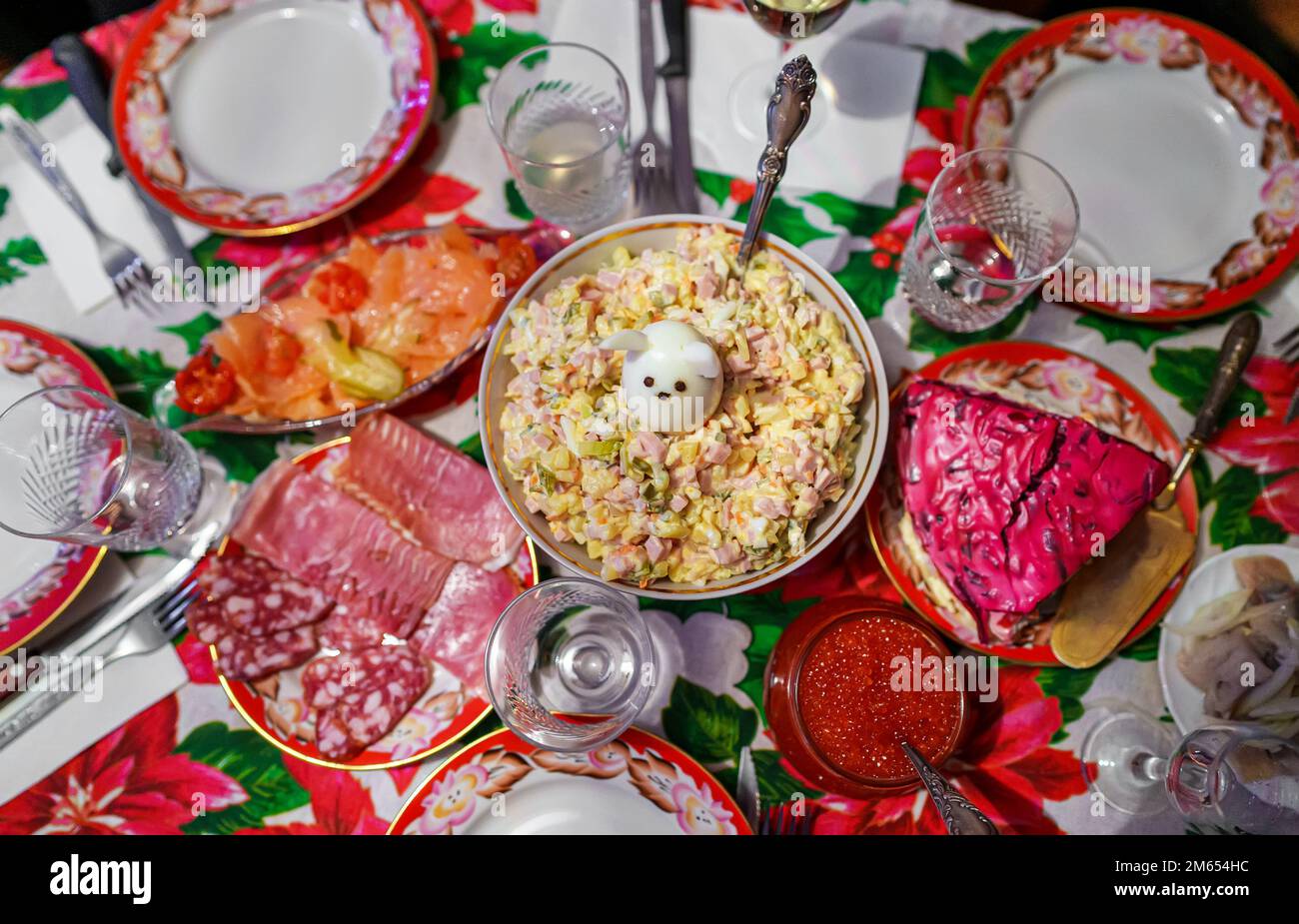 Traditional Russian New Year's table. Salads and cold cuts Stock Photo ...