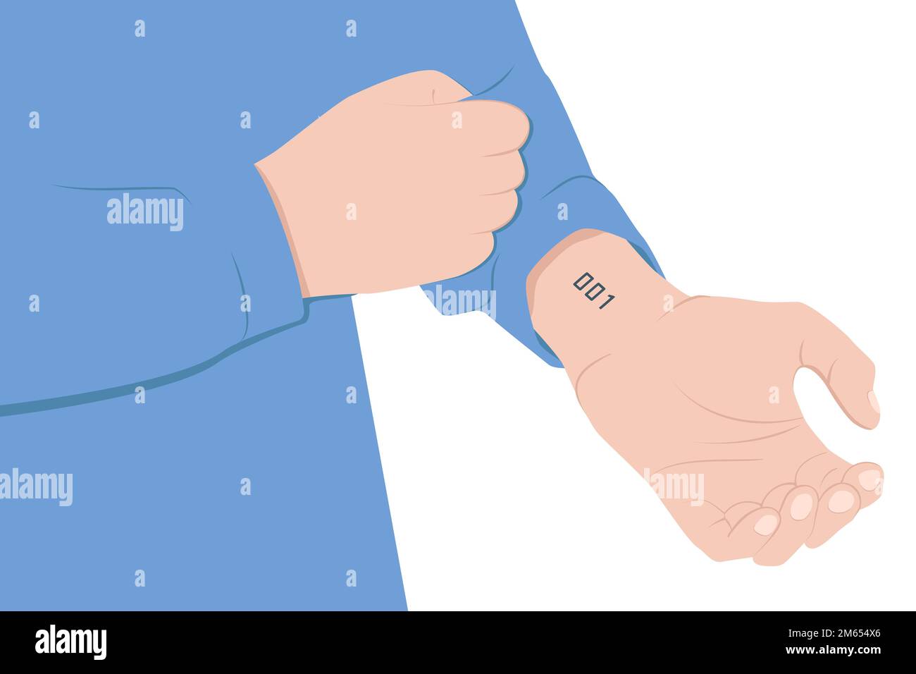 Man rolls up his sleeve with other hand to show his wrist. On wrist is ...