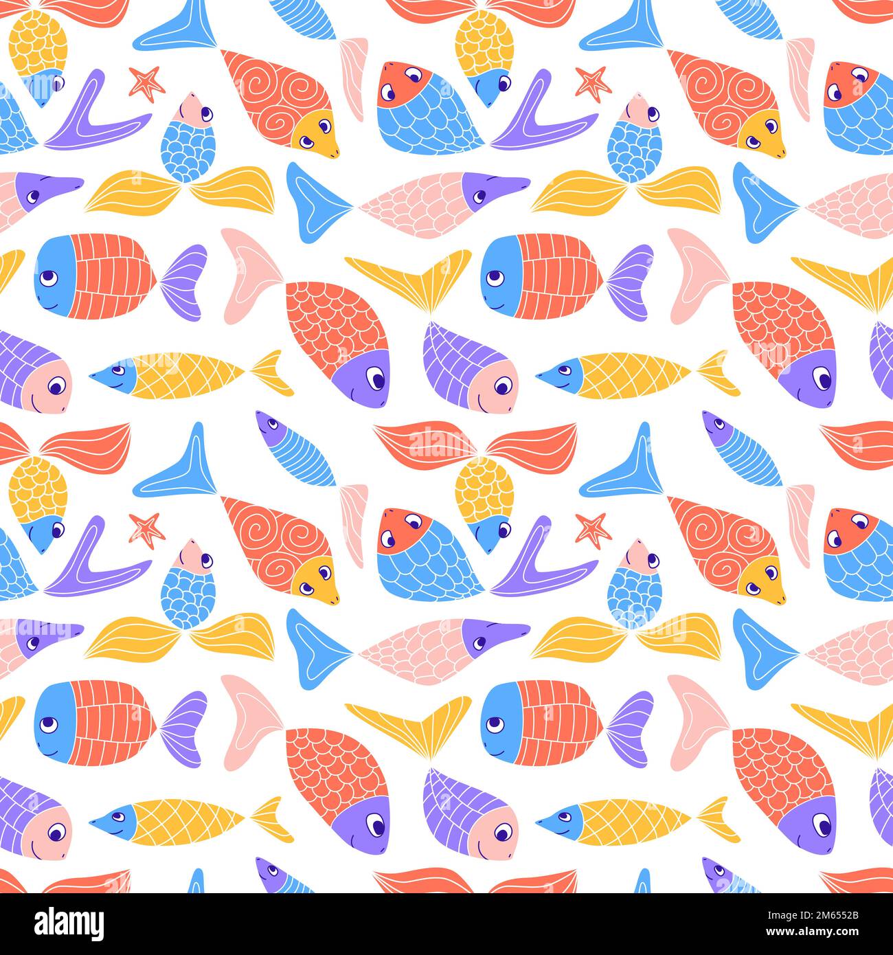 Cute colorful seamless pattern with cute doodle fish. Funny kids naive ...