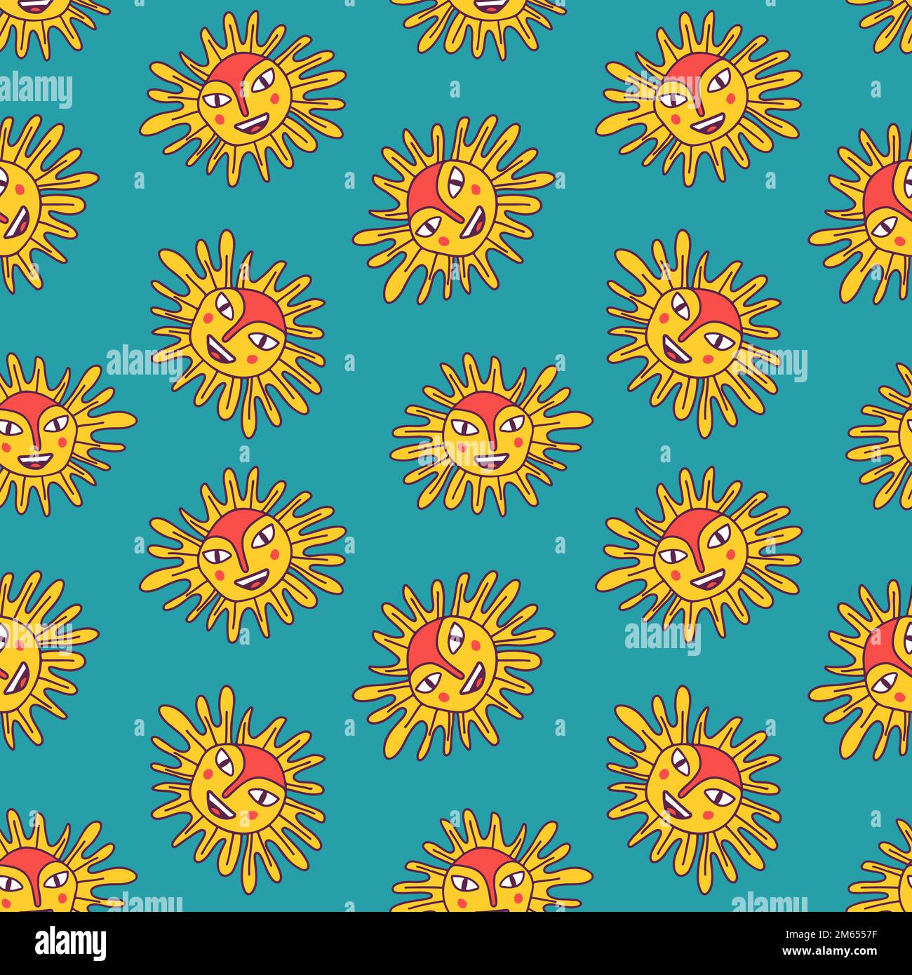 Retro abstract doodle bright happy unreal sun faces seamless pattern ...
