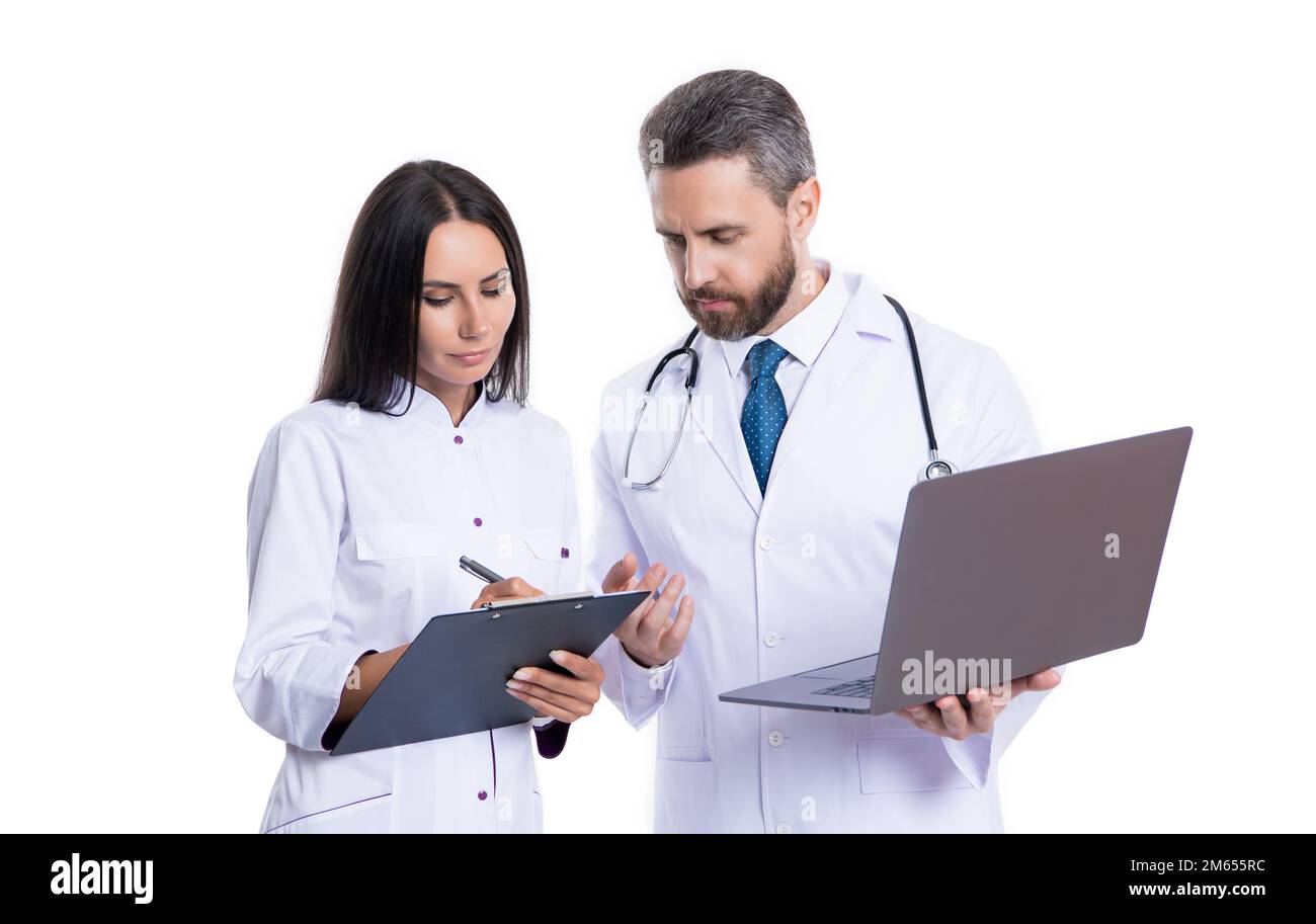 doctor and internist do ehealth noting isolated on white. doctor with ...