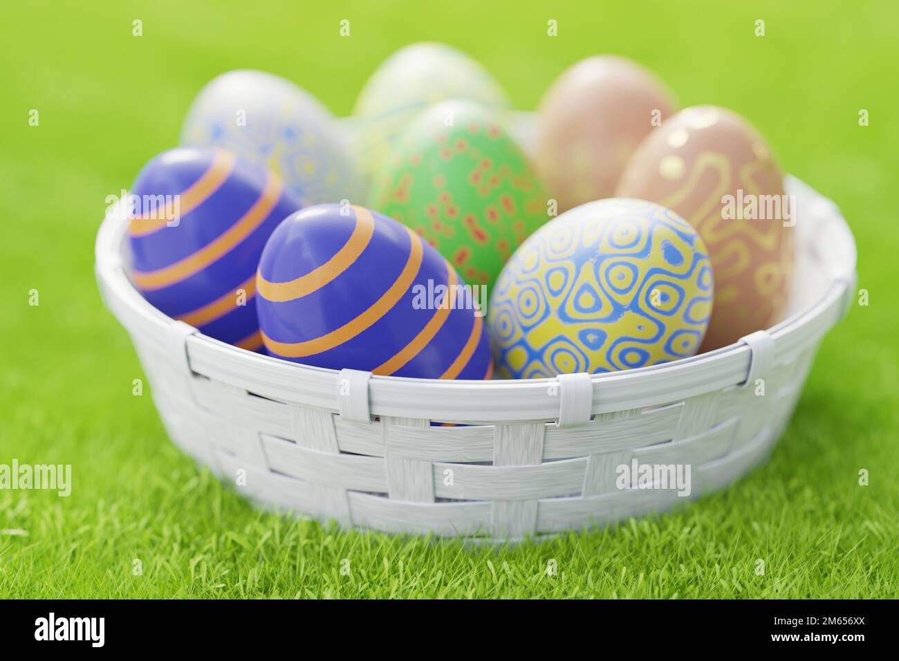 Basket full of Easter colorful eggs on green grass on a sunny day. 3D ...