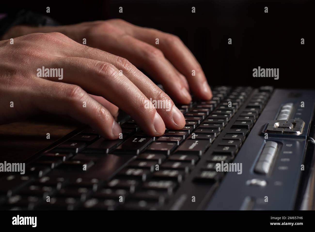 Hands working on computer, typing keyboard, planning work project in ...