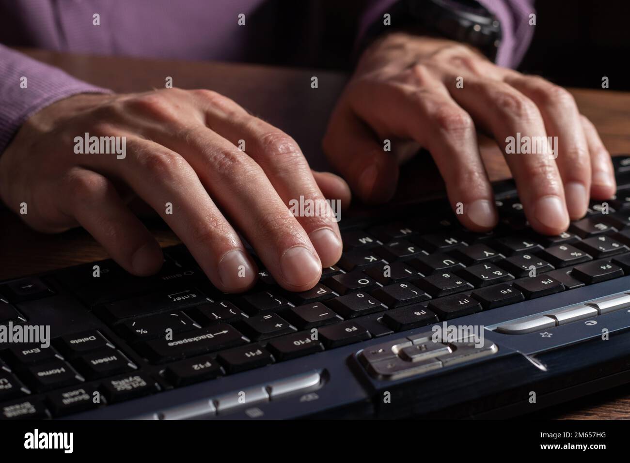 Hands working on computer, typing keyboard, planning work project in ...
