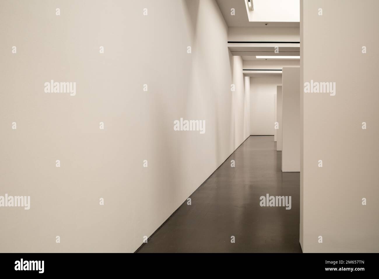 Interior diminishing perspective view of corridor between white wall ...