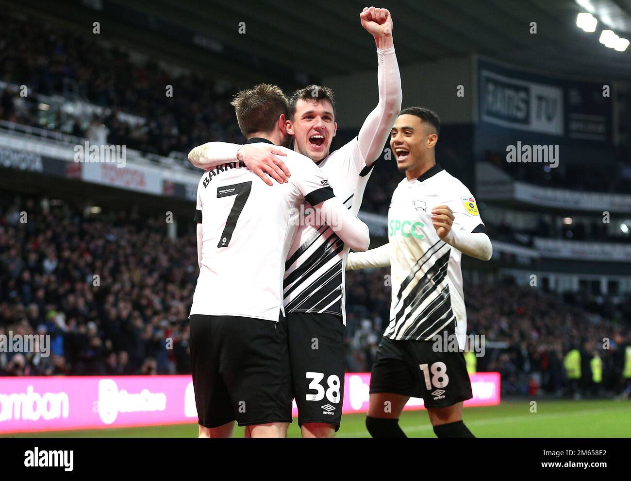 Derby County's Tom Barkhuizen (left) celebrates scoring their side's ...